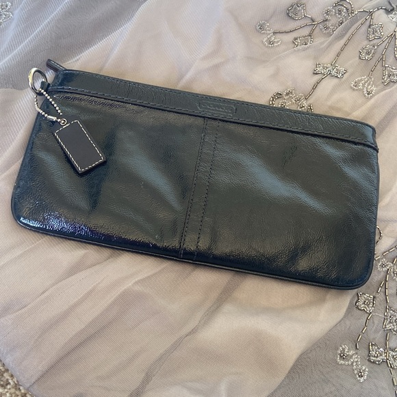 Coach | Bags | Coach Patent Leather Navy Blue Clutch With Ballchain ...